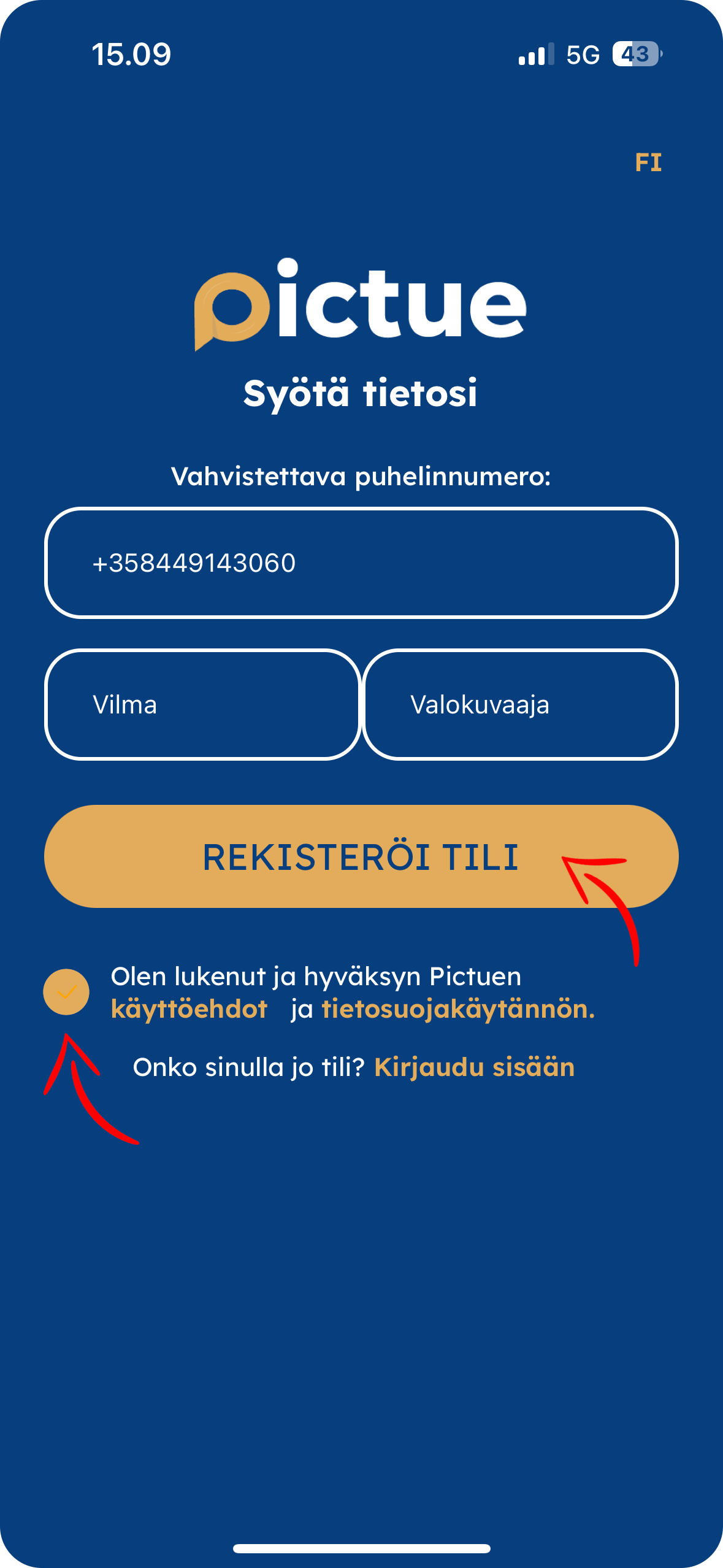 Tilin rekisteröiminen + vahvistukset – Help Center – Pictue